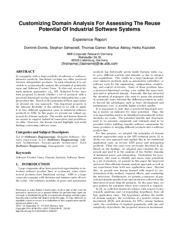 (PDF) Customizing domain analysis for assessing the reuse potential of industrial software systems