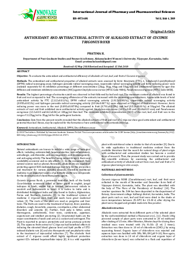 (PDF) ANTIOXIDANT AND ANTIBACTERIAL ACTIVITY OF ALKALOID EXTRACT OF CUCUMIS TRIGONUS ROXB ...