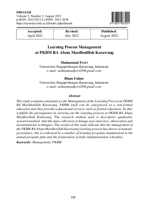 (PDF) Learning Process Management at PKBM RA Abata Mardhotillah Karawang