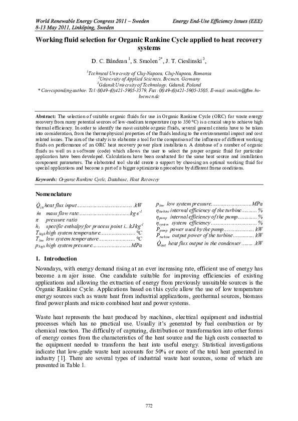 (PDF) Working Fluid Selection for Organic Rankine Cycle Applied to Heat Recovery Systems