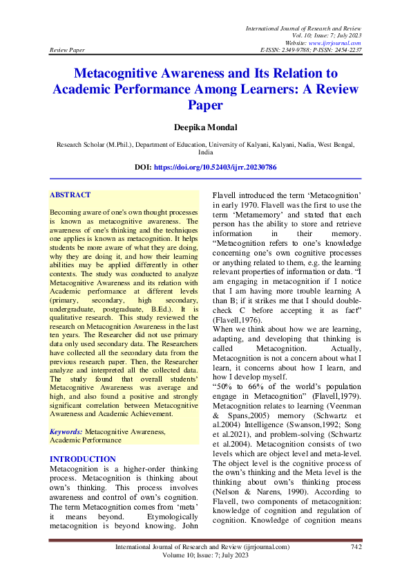 Pdf Metacognitive Awareness And Its Relation To Academic Performance Among Learners A Review