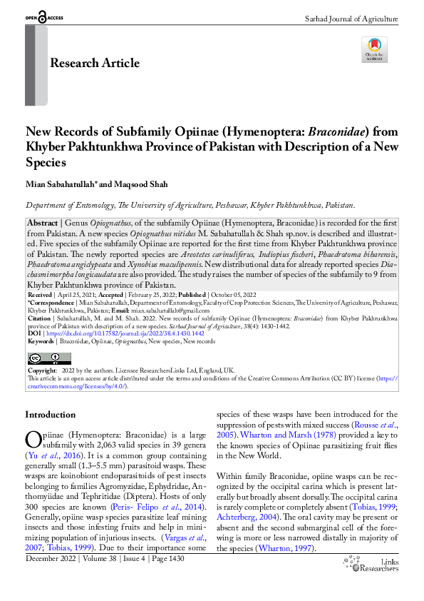 (PDF) New Records of Subfamily Opiinae (Hymenoptera: Braconidae) from ...