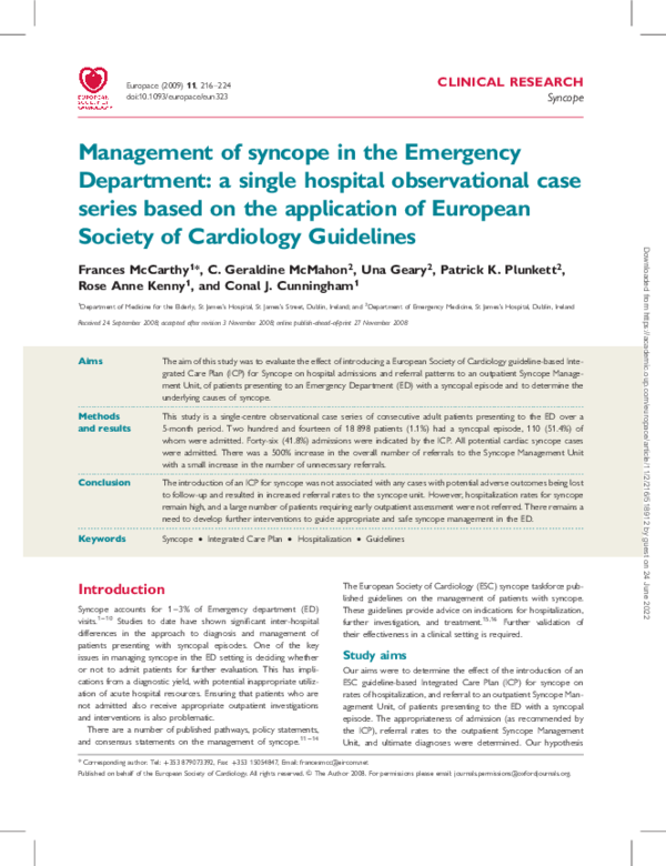 (PDF) Management of syncope in the Emergency Department: a single ...