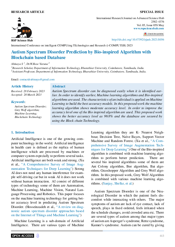 Pdf Autism Spectrum Disorder Prediction By Bio Inspired Algorithm With Blockchain Based