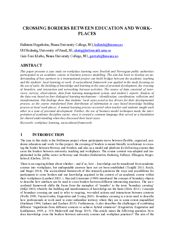 (PDF) Crossing borders between education and work-places
