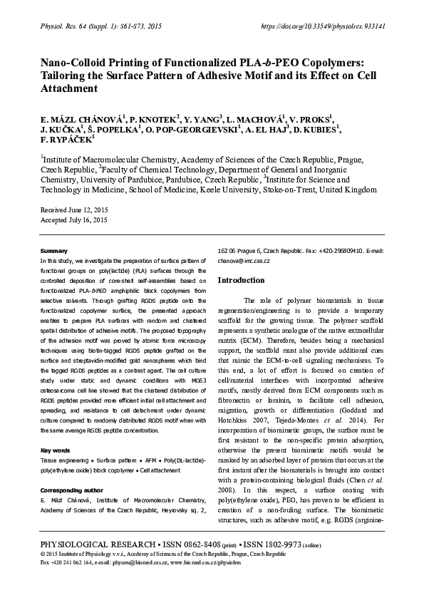 (PDF) Nano-Colloid Printing of Functionalized PLA-b-PEO Copolymers: Tailoring the Surface ...