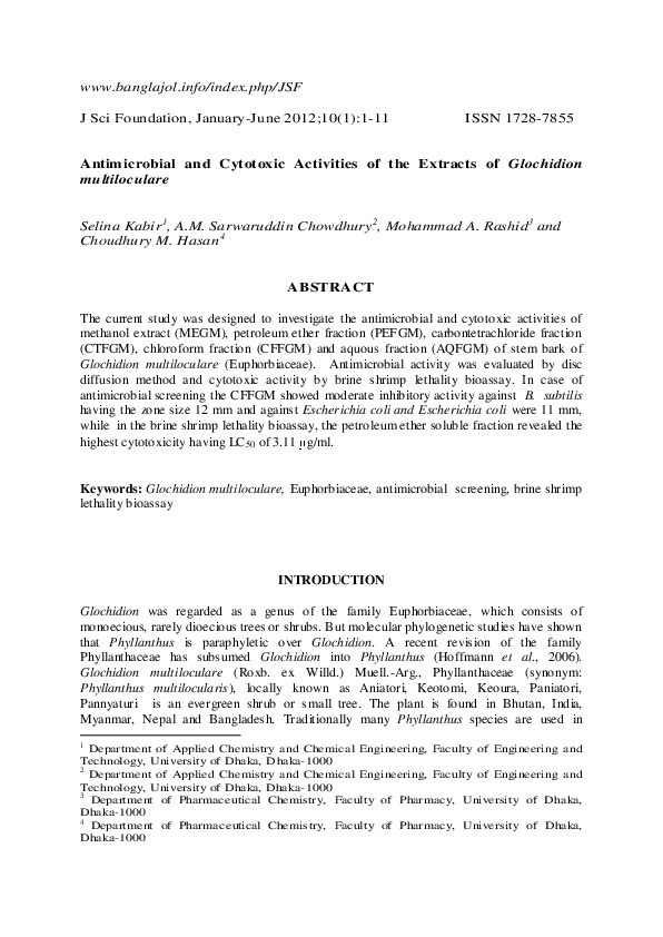 (PDF) Antimicrobial and Cytotoxic Activities of the Extracts of Glochidion multiloculare