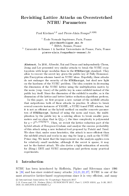 (PDF) Revisiting Lattice Attacks on Overstretched NTRU Parameters