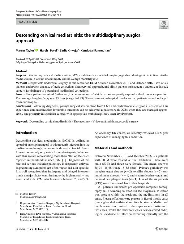 (PDF) Descending cervical mediastinitis: the multidisciplinary surgical approach