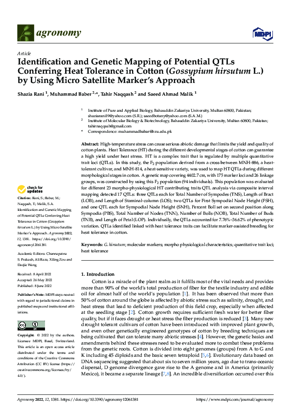 (PDF) Identification and Genetic Mapping of Potential QTLs Conferring Heat Tolerance in Cotton ...
