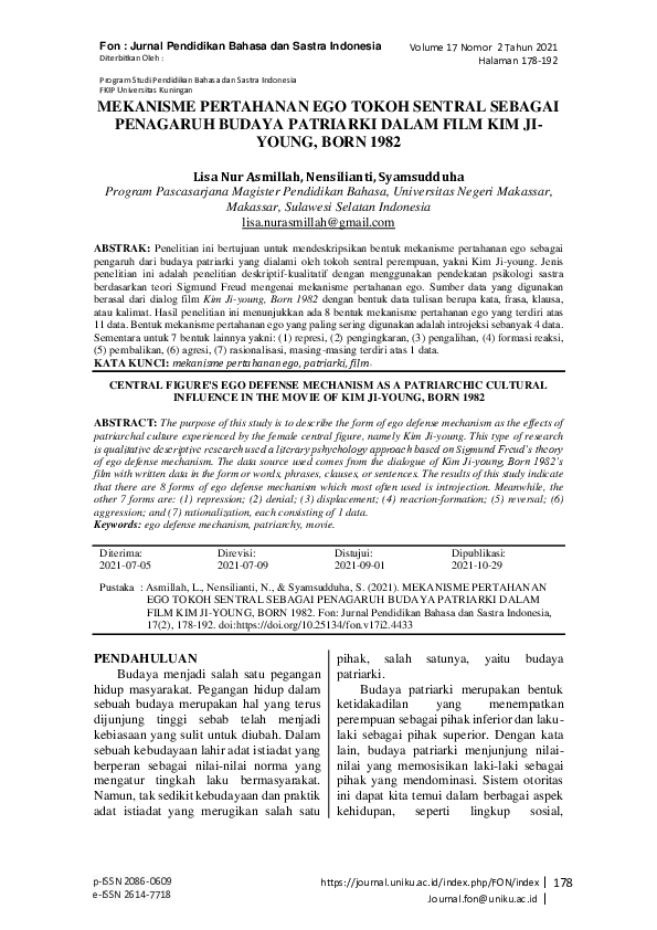 (PDF) Mekanisme Pertahanan Ego Tokoh Sentral Sebagai Penagaruh Budaya Patriarki Dalam Film Kim ...