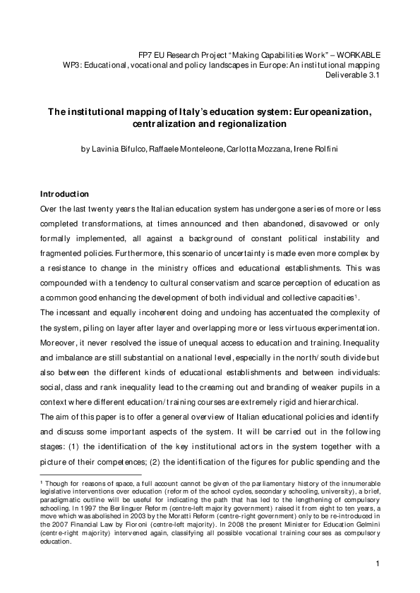 (PDF) The institutional mapping of Italy’s education system: Europeanization, centralization and ...