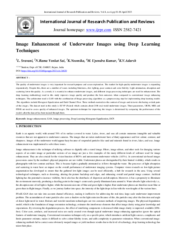 (PDF) Image Enhancement of Underwater Images using Deep Learning Techniques