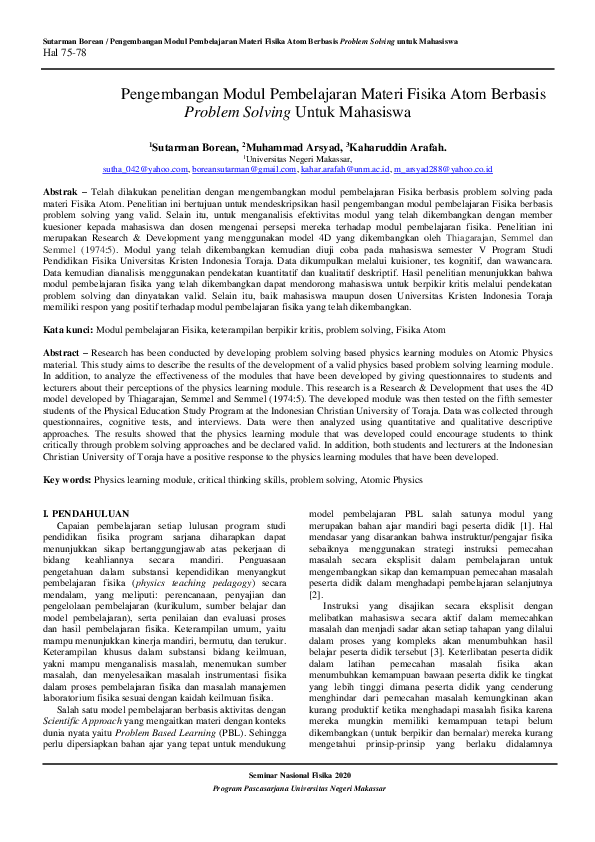 (PDF) Pengembangan Modul Pembelajaran Materi Fisika Atom Berbasis Problem Solving Untuk Mahasiswa