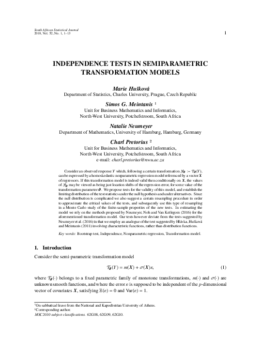 Pdf Independence Tests In Semiparametric Transformation Models