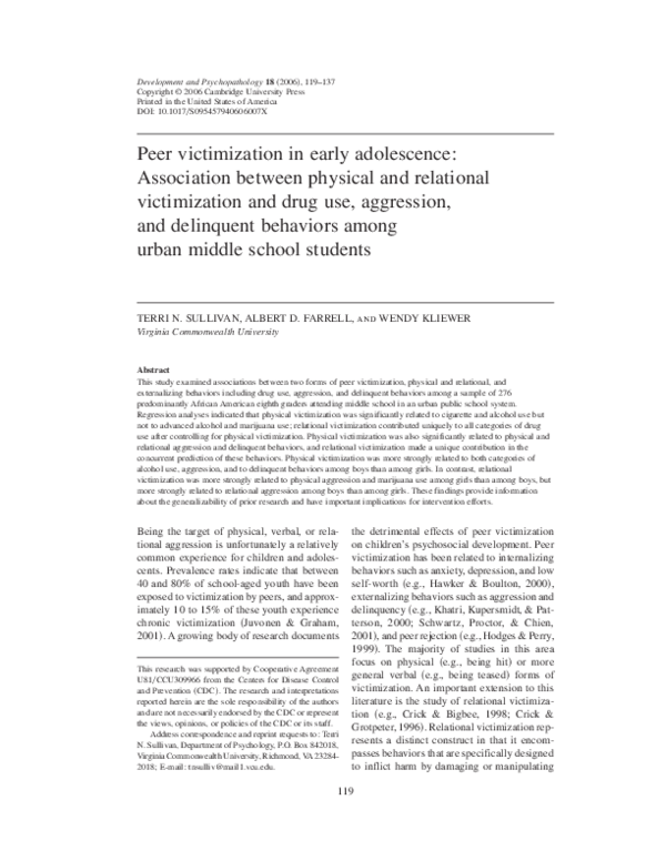 (PDF) Peer victimization in early adolescence: Association between ...