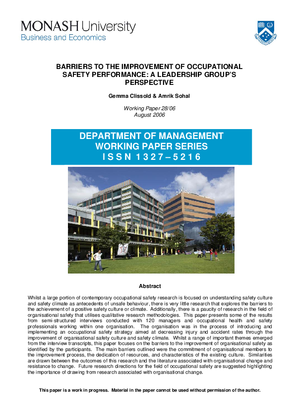 (PDF) Barriers to the improvement of occupational safety performance: a ...