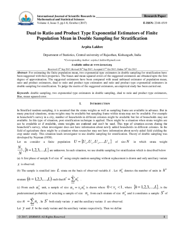 (PDF) Dual to Ratio and Product Type Exponential Estimators of Finite ...