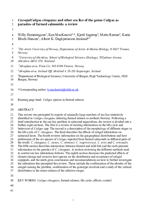 (PDF) Caligus elongatus and other sea lice of the genus Caligus as ...