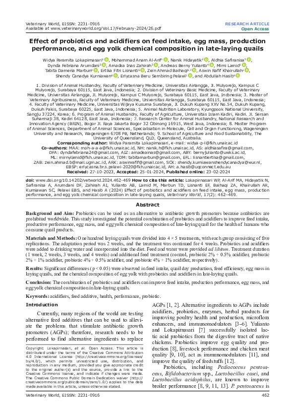 (PDF) Effect of probiotics and acidifiers on feed intake, egg mass, production performance, and ...