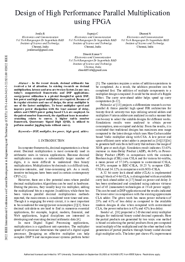 (PDF) Design of High Performance Parallel Multiplication using FPGA