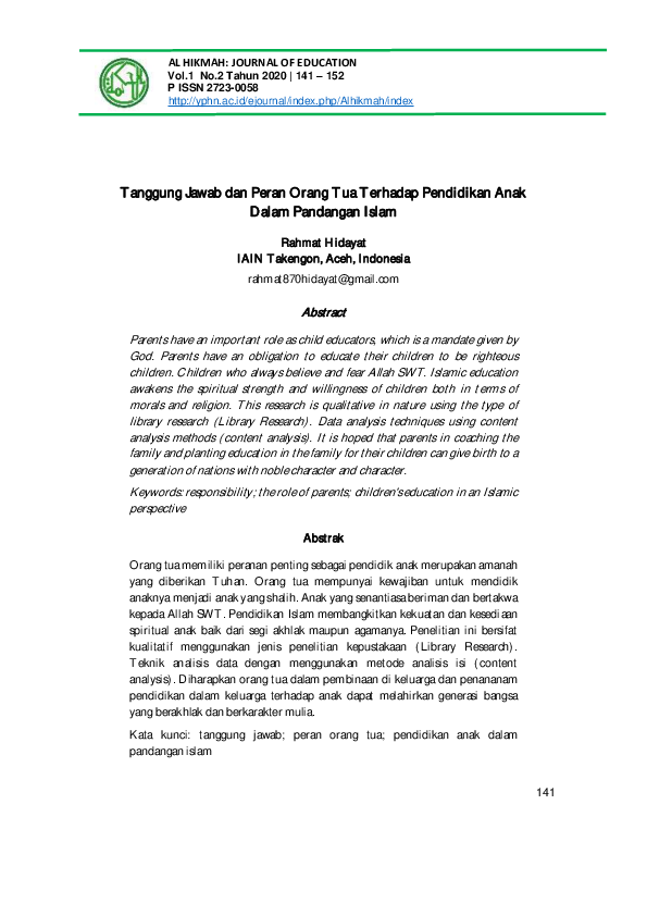 (PDF) Tanggung Jawab dan Peran Orang Tua Terhadap Pendidikan Anak Dalam Pandangan Islam | Rahmat ...