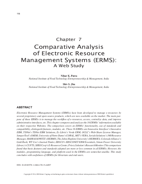 (PDF) Comparative Analysis of Electronic Resource Management Systems (ERMS)