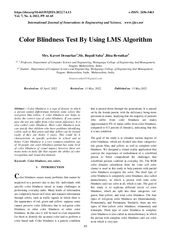 (PDF) Color Blindness Test By Using LMS Algorithm