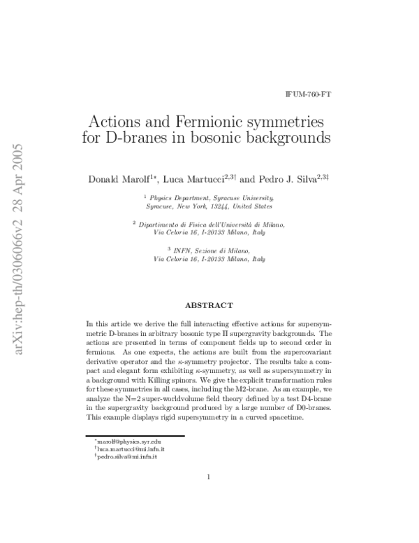 (PDF) Actions and fermionic symmetries for D-branes in bosonic backgrounds | Pedro Silva Briceño ...