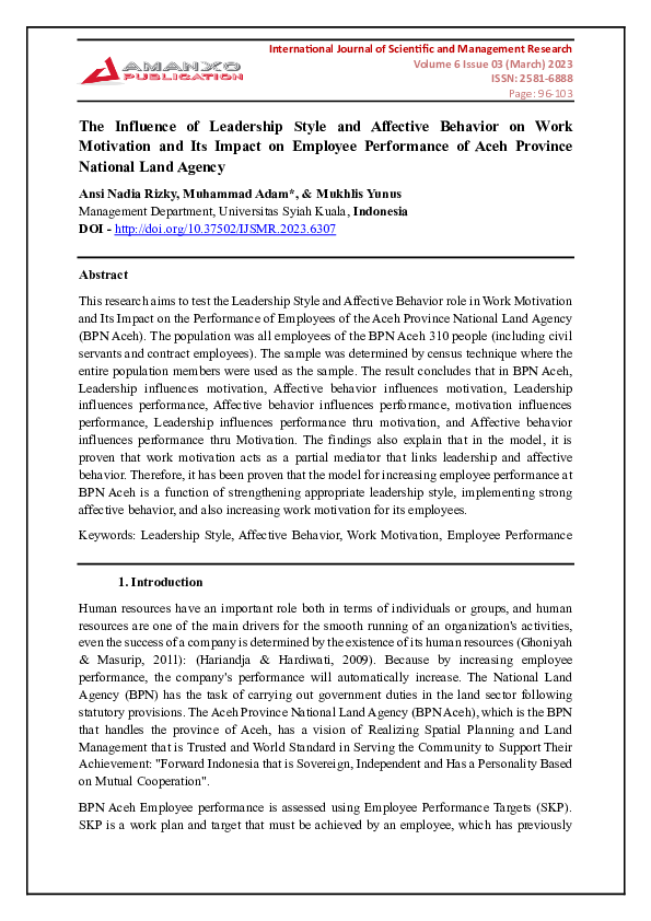 (PDF) The Influence of Leadership Style and Affective Behavior on Work ...