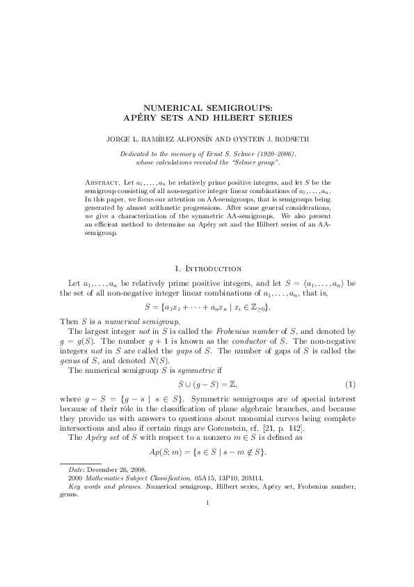 (PDF) Numerical semigroups: Apéry sets and Hilbert series