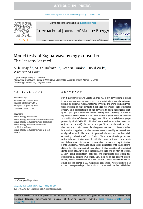 (PDF) Model tests of Sigma wave energy converter: The lessons learned