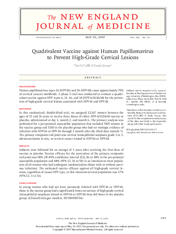 (PDF) Quadrivalent Vaccine against Human Papillomavirus to Prevent High ...