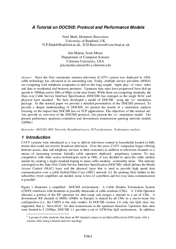 (PDF) A Tutorial on DOCSIS: Protocol and Performance Models | Neel Shah ...