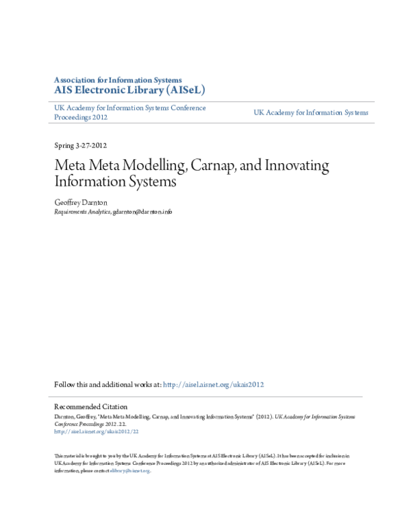 (PDF) Meta Meta Modelling, Carnap, and Innovating Information Systems