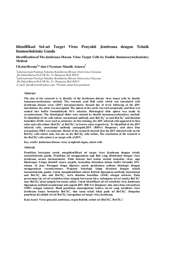 (PDF) Identifikasi Sel-sel Target Virus Penyakit Jembrana dengan Teknik ...