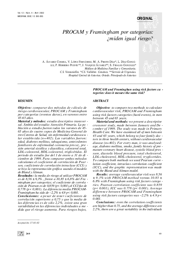 (PDF) PROCAM y Framingham por categorías: ¿miden igual riesgo?