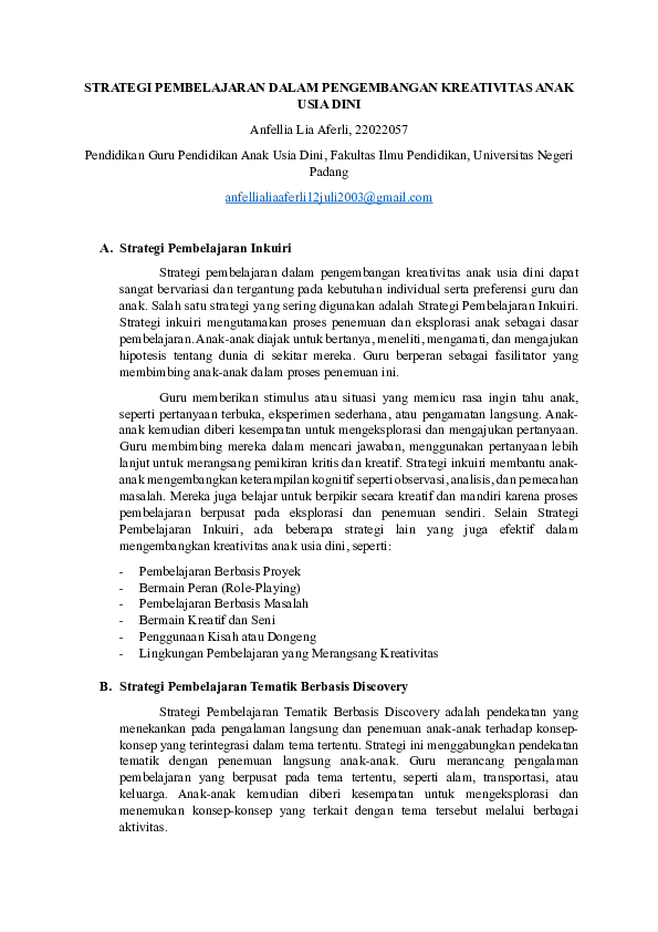 (PDF) STRATEGI PEMBELAJARAN DALAM PENGEMBANGAN KREATIVITAS ANAK USIA DINI