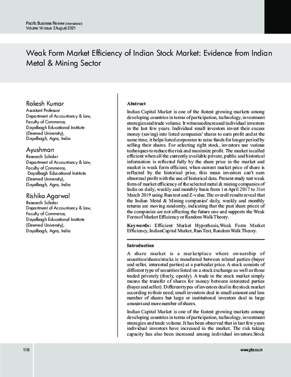 (PDF) Weak Form Market Efficiency of Indian Stock Market: Evidence from ...
