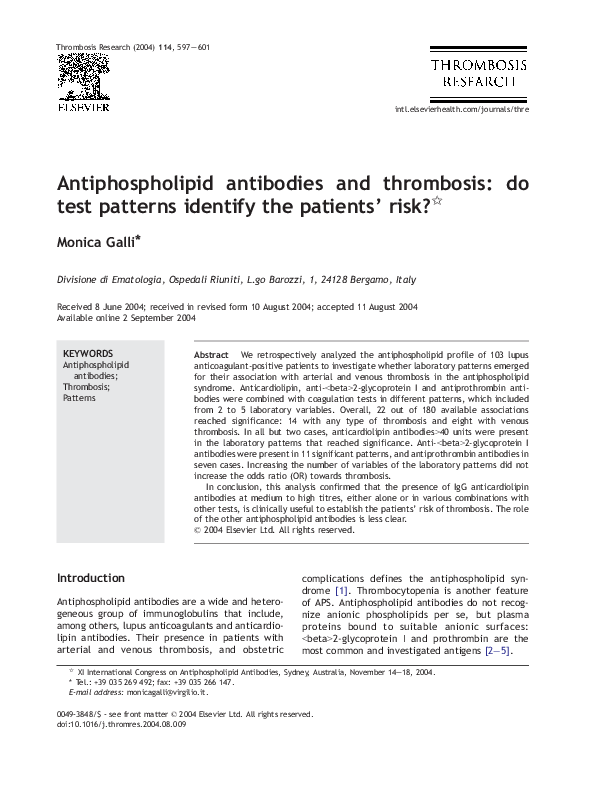 (PDF) Antiphospholipid antibodies and thrombosis: do test patterns ...