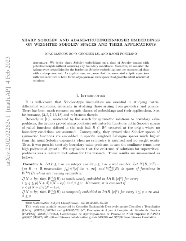 (PDF) Sharp Sobolev and Adams-Trudinger-Moser embeddings on weighted Sobolev spaces and their ...