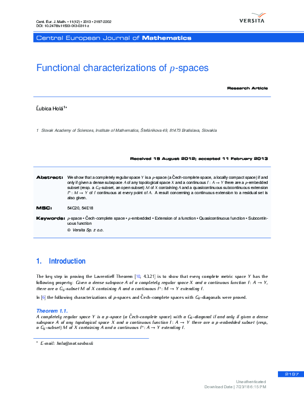 (PDF) Functional characterizations of p-spaces