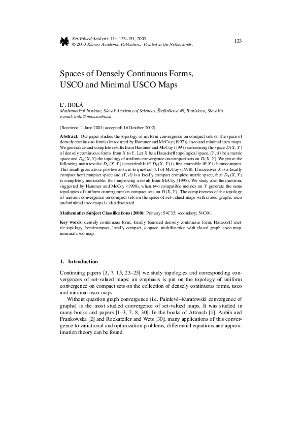 (PDF) Spaces of Densely Continuous Forms, USCO and Minimal USCO Maps | Lubica Holá - Academia.edu