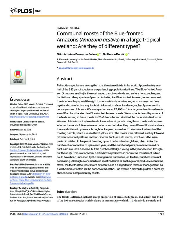 (PDF) Communal roosts of the Blue-fronted Amazons (Amazona aestiva) in ...