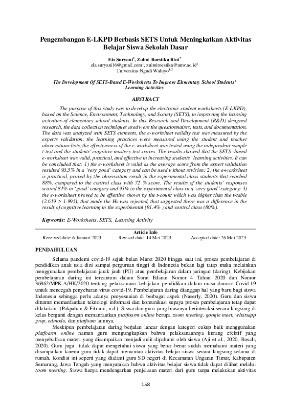 (PDF) Pengembangan E-LKPD Berbasis SETS Untuk Meningkatkan Aktivitas Belajar Siswa Sekolah Dasar