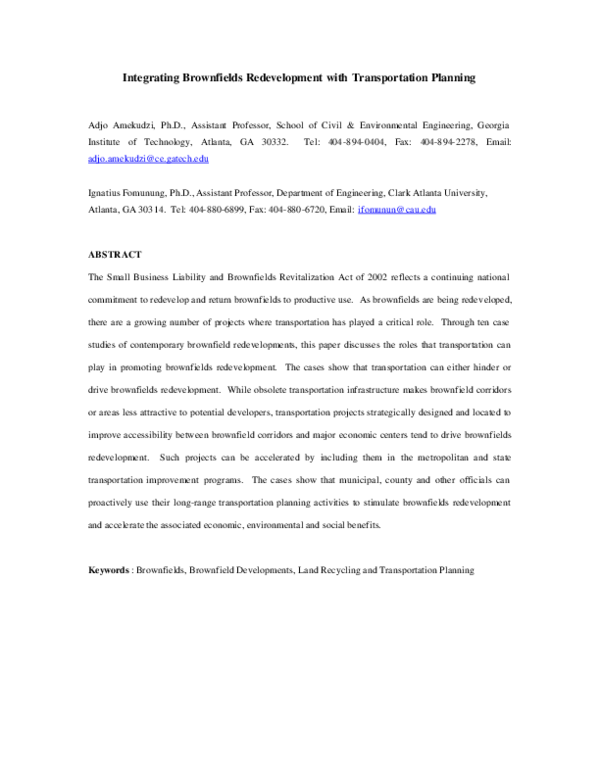 (PDF) Integrating Brownfields Redevelopment with Transportation Planning | Ignatius Fomunung ...