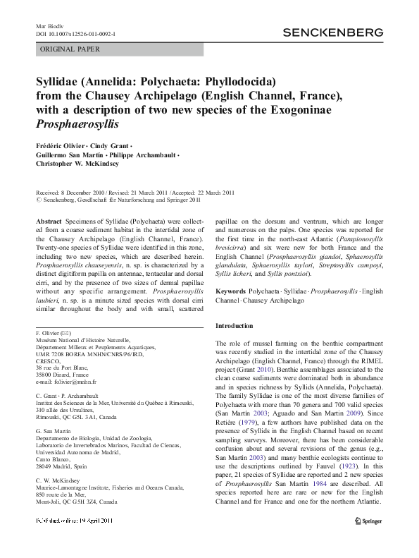 (PDF) Syllidae (Annelida: Polychaeta: Phyllodocida) from the Chausey ...