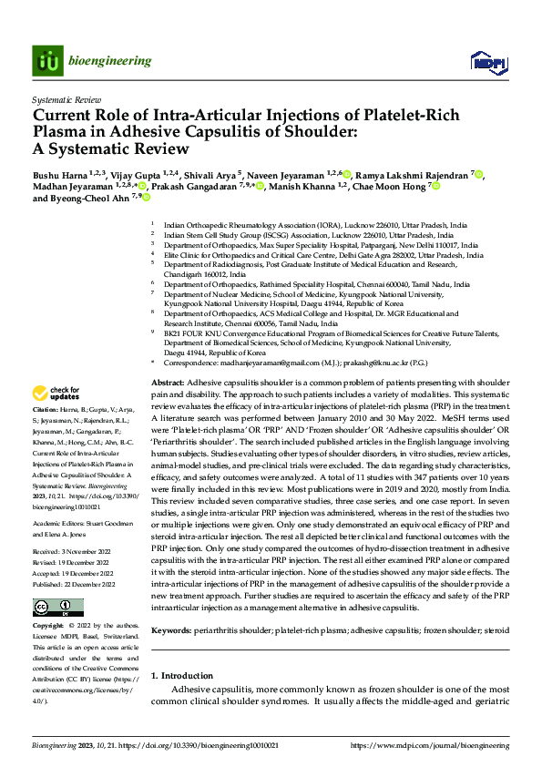 (PDF) Current Role of Intra-Articular Injections of Platelet-Rich Plasma in Adhesive Capsulitis ...