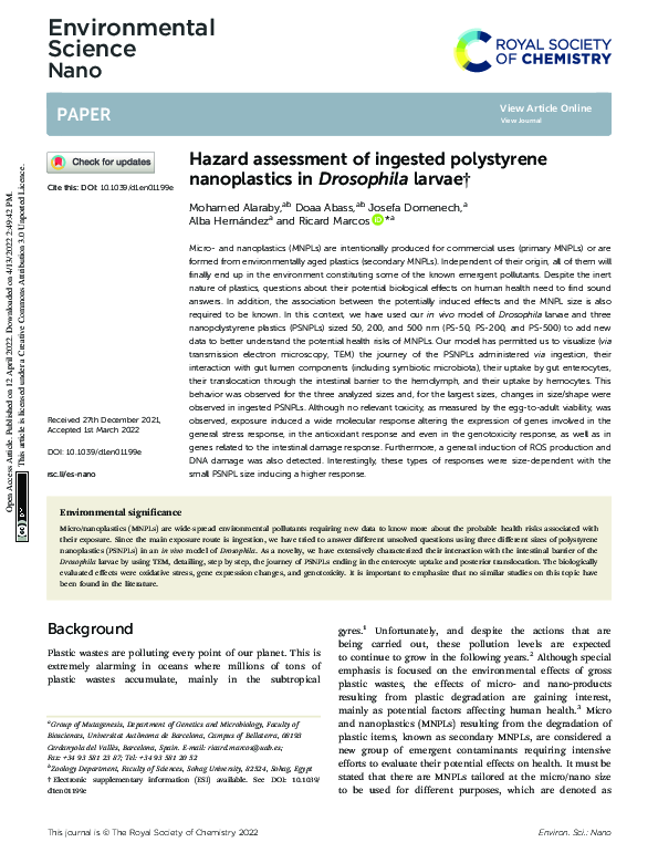 (PDF) Hazard assessment of ingested polystyrene nanoplastics in Drosophila larvae