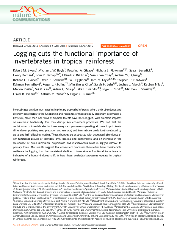 (PDF) Logging cuts the functional importance of invertebrates in ...